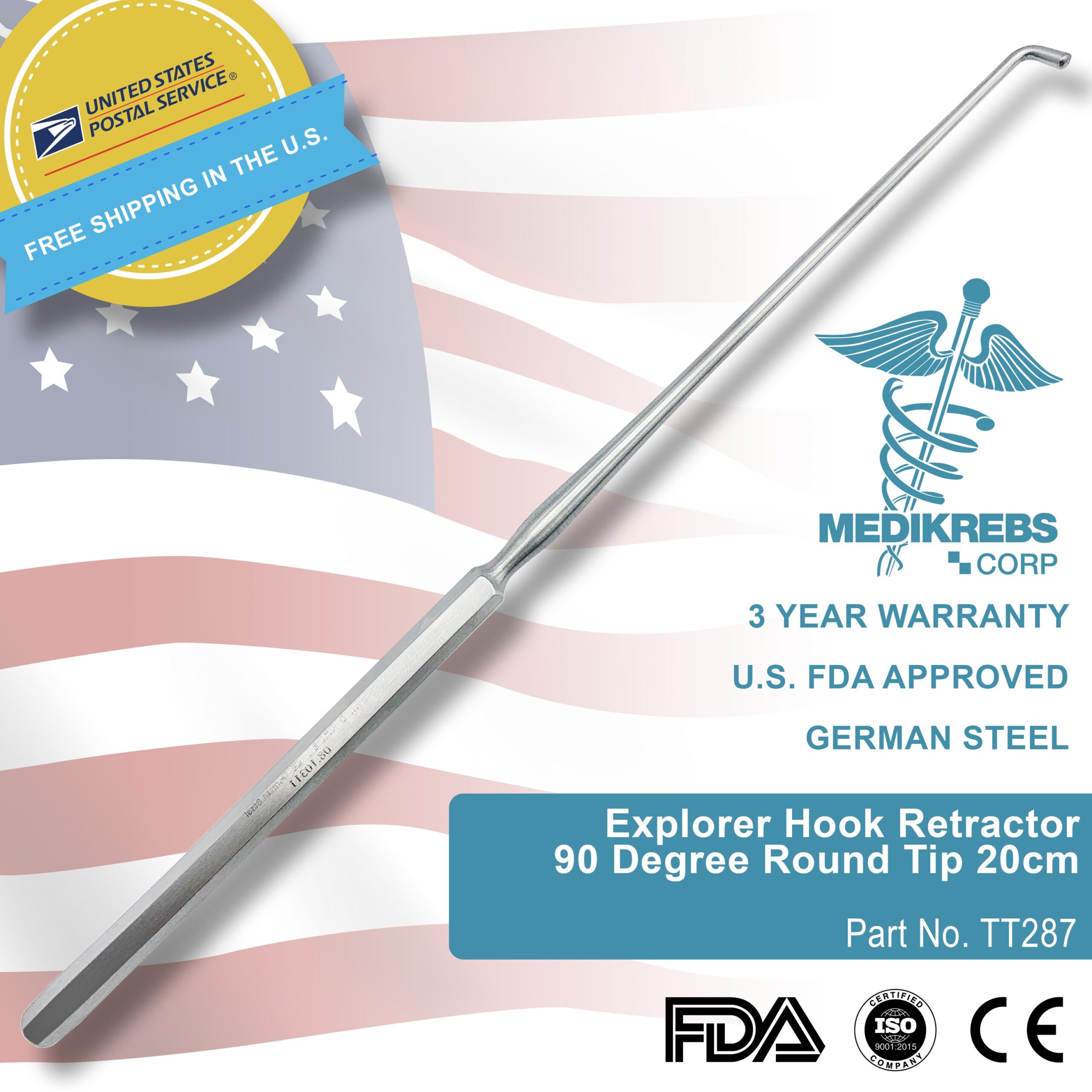 Explorer Hook Retractor 90 Degree Round Tip 20cm golf stick Surgical ...